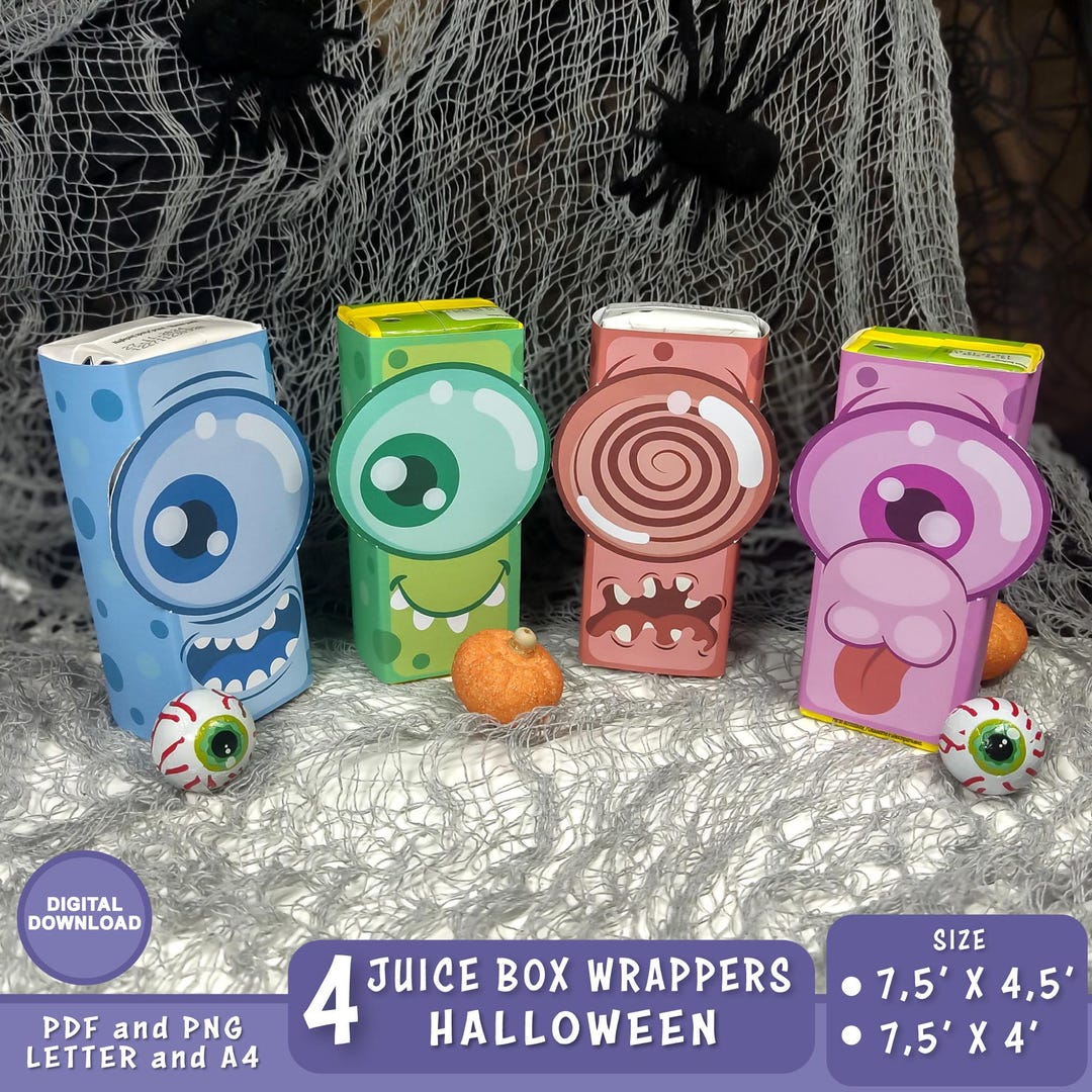 Halloween Juice Box Wrappers, Monsters, Juice Labels, Halloween Party ...