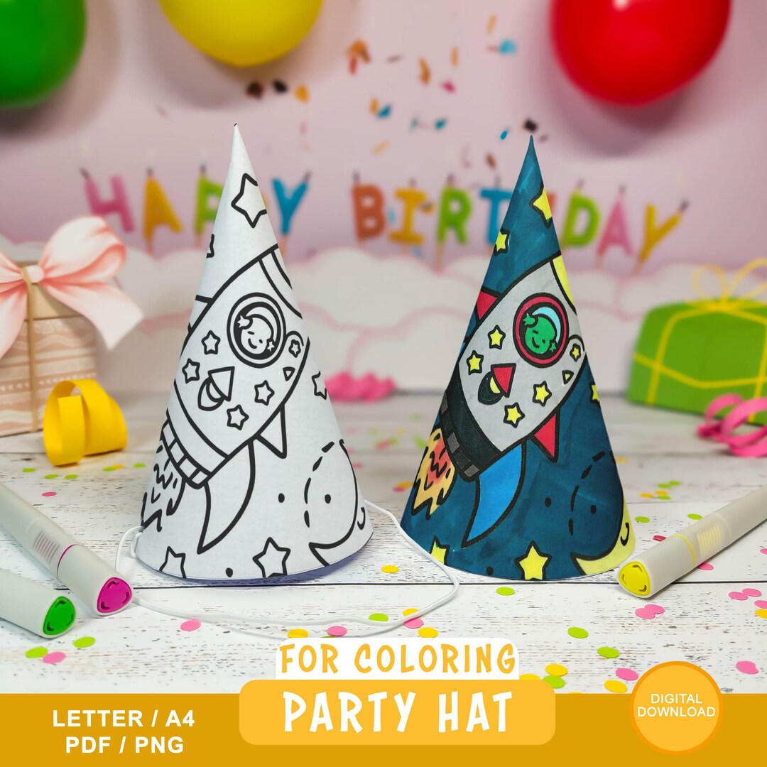 Coloring DIY Kids Party Hat, Printable Paper Hat for Coloring, Fun ...