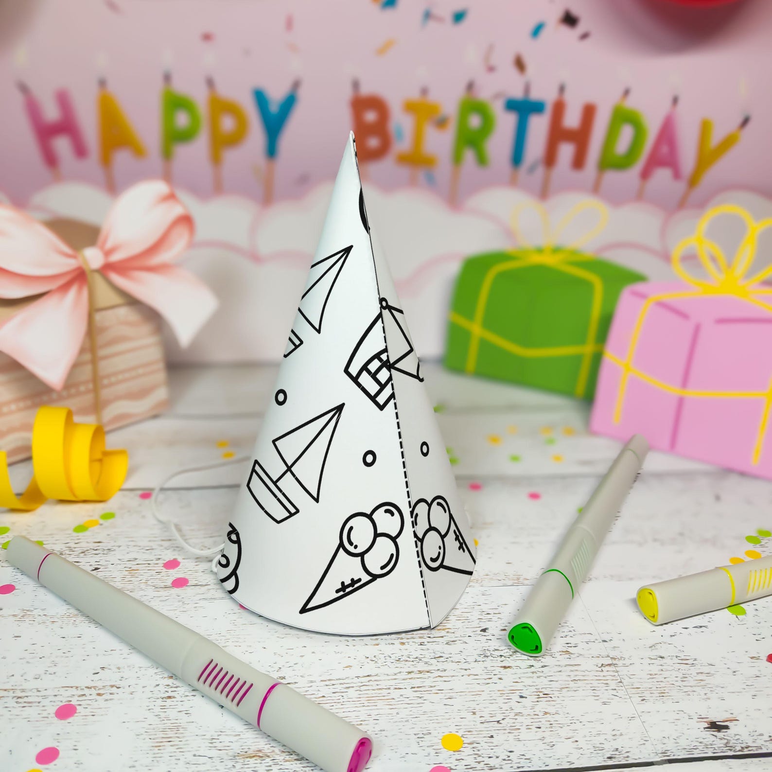 Coloring DIY Kids Party Hat, Printable Paper Hat for Coloring, Fun ...