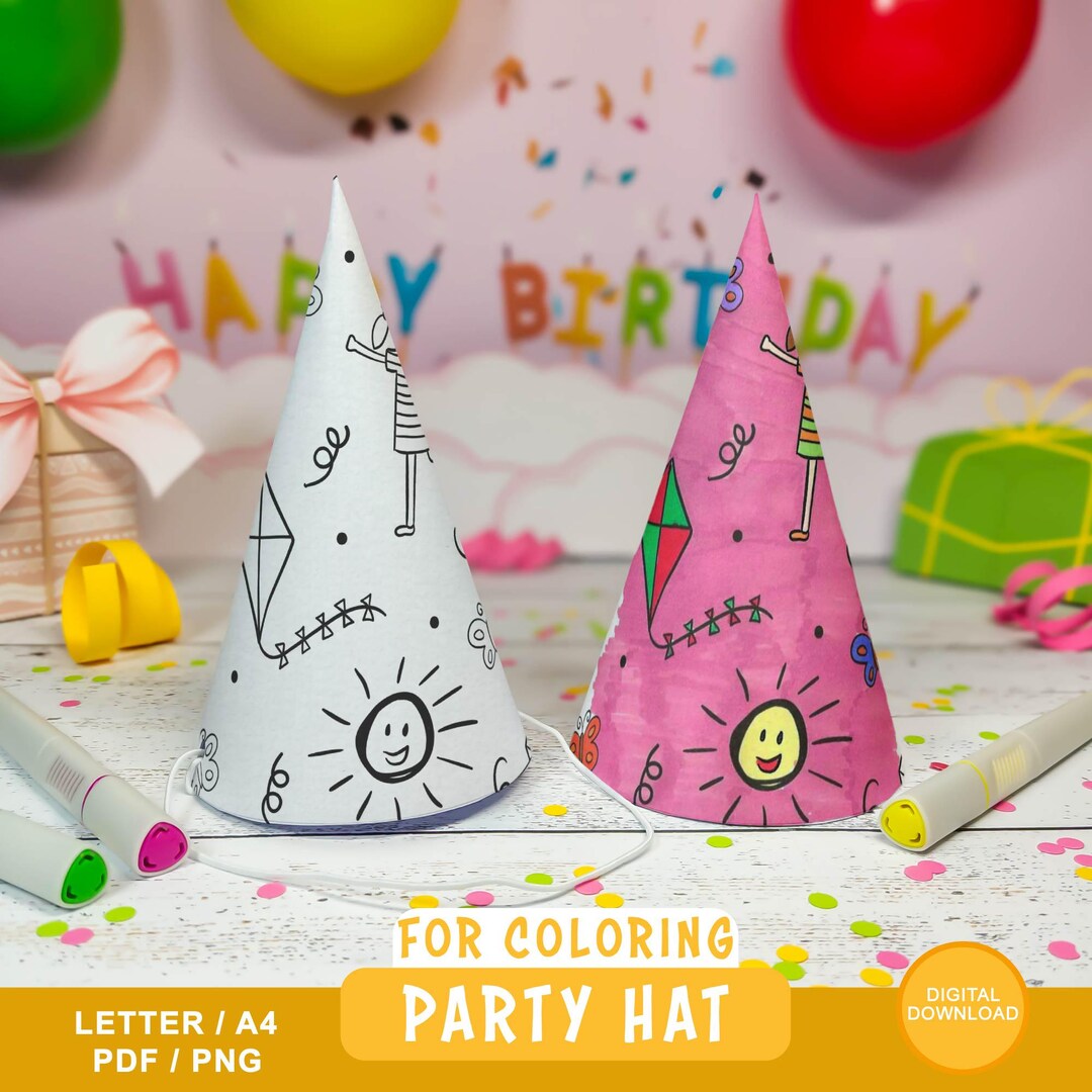 Coloring DIY Kids Party Hat, Printable Paper Hat for Coloring, Fun ...