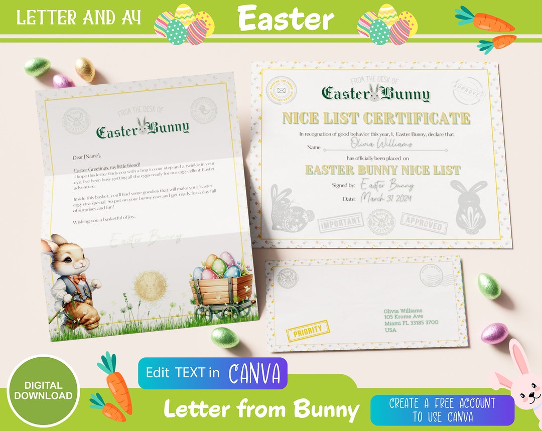 Easter Bunny Letter and Certificate Kit: Personalized Easter Basket ...