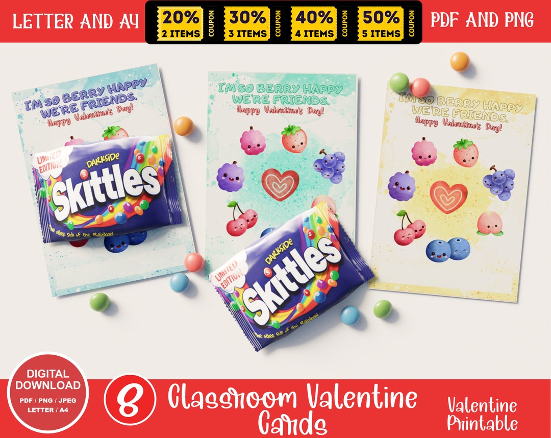 Sweet Rainbow Wishes Printable Skittles-themed Valentine's Cards, Share ...