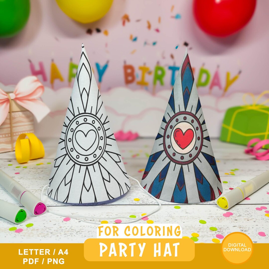 Coloring DIY Kids Party Hat, Printable Paper Hat for Coloring, Fun ...