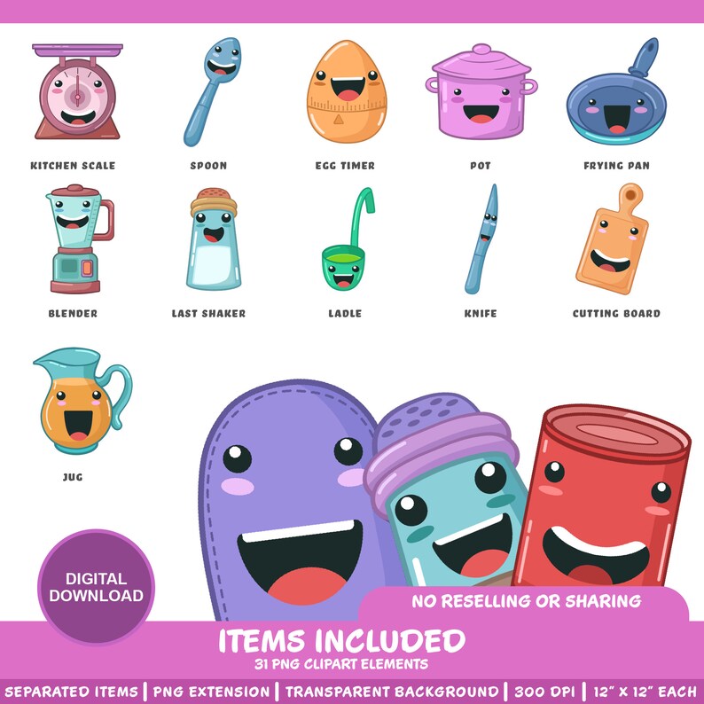 Kitchen Clipart Set, Kawaii Clipart, Cute Clipart, 31 PNG Cliparts ...