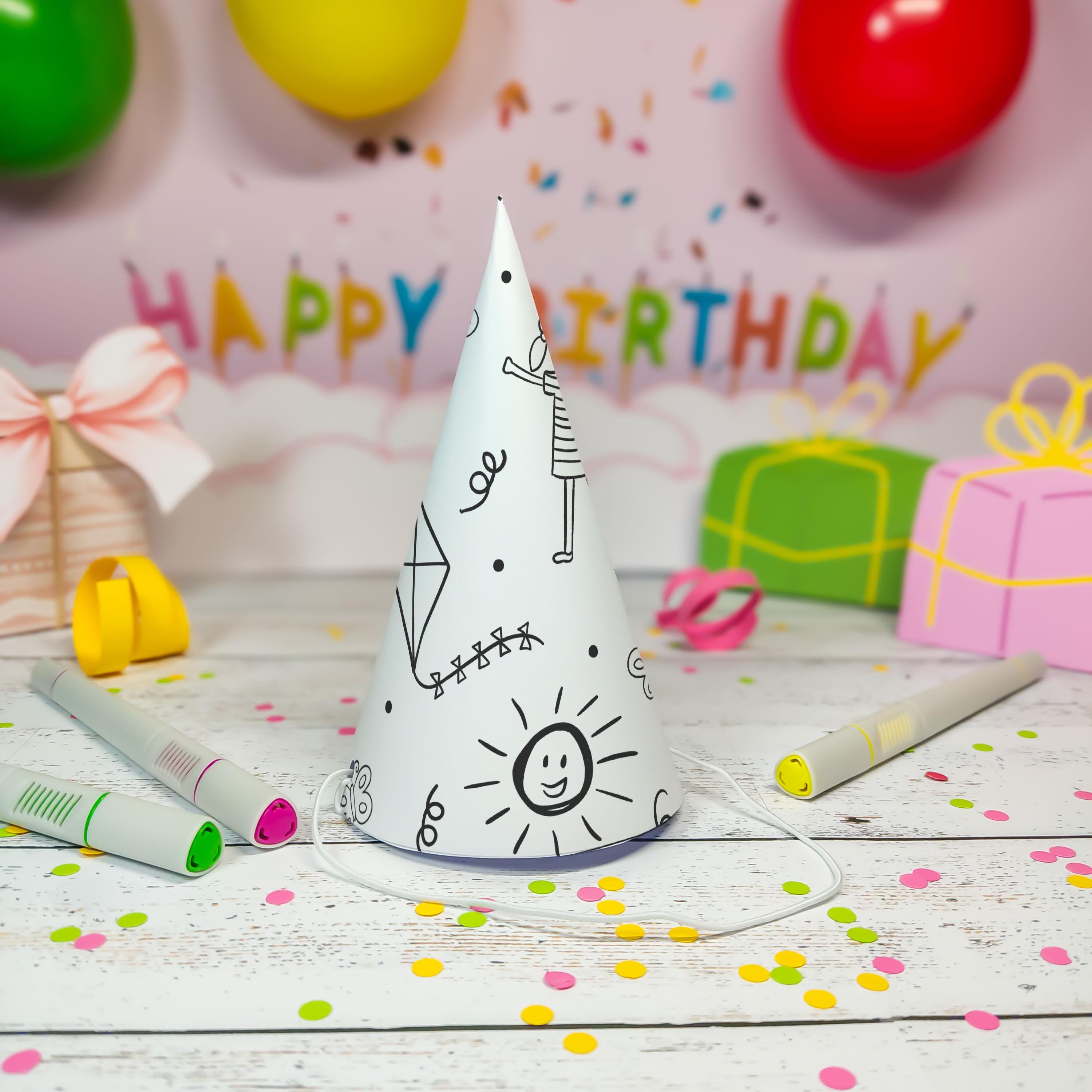 Coloring DIY Kids Party Hat, Printable Paper Hat for Coloring, Fun ...