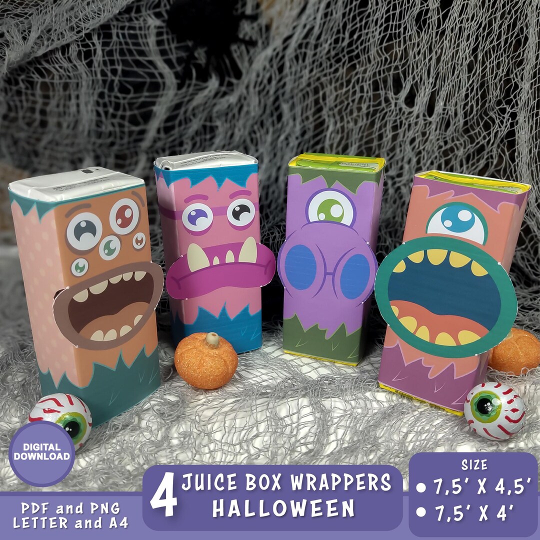 Halloween Juice Box Wrappers, Monsters, Juice Labels, Halloween Party ...