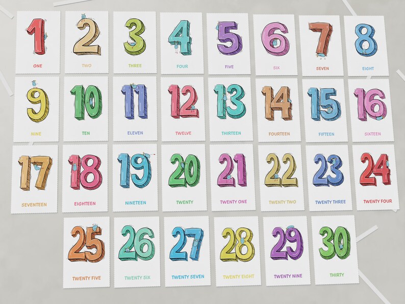 Printable Preschool Flashcards Numbers 1-30 Vibrant Colors Numerals - Etsy