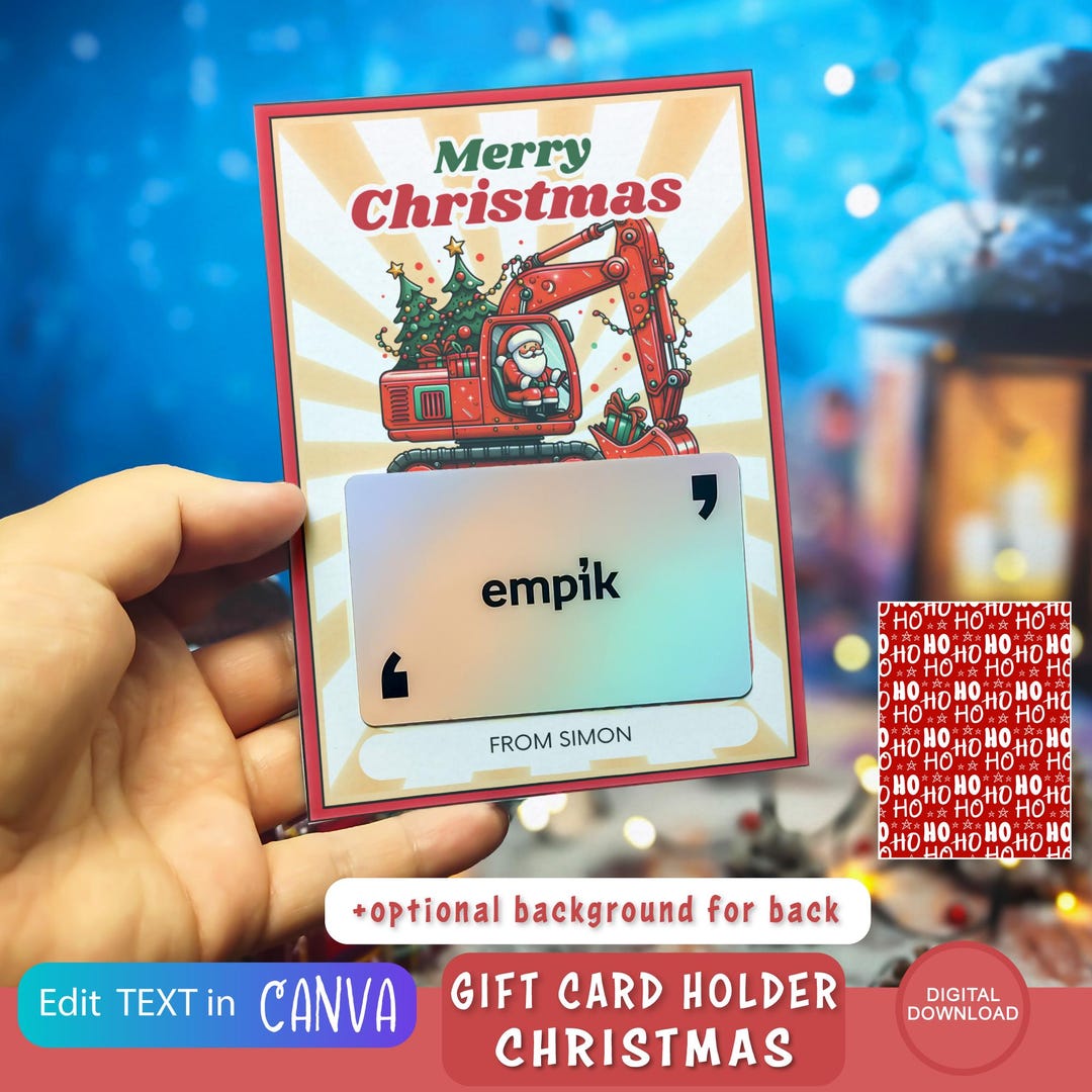 Editable Christmas Gift Card Holder, Santa Excavator, Boy Xmas Digging ...