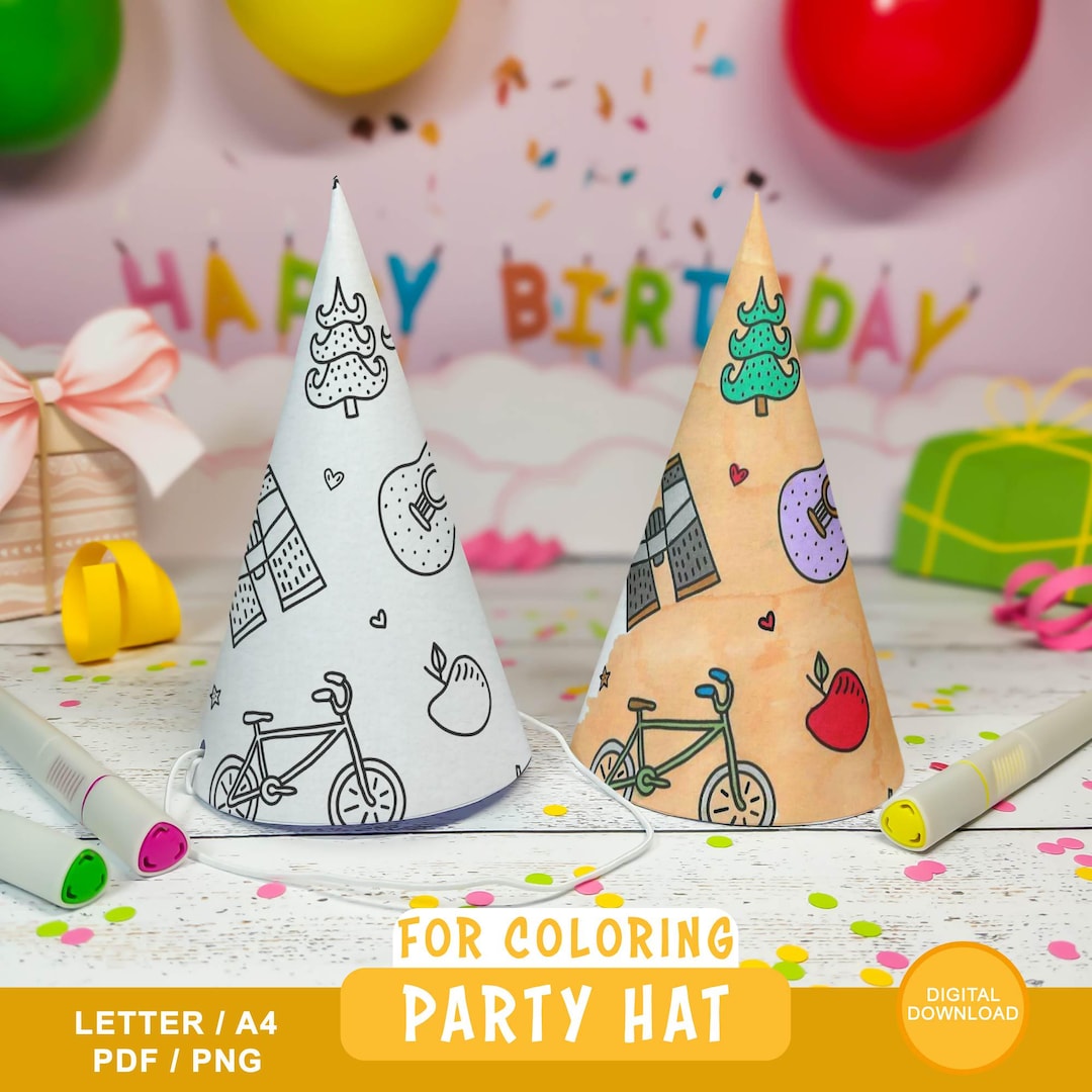 Coloring DIY Kids Party Hat, Printable Paper Hat for Coloring, Fun ...
