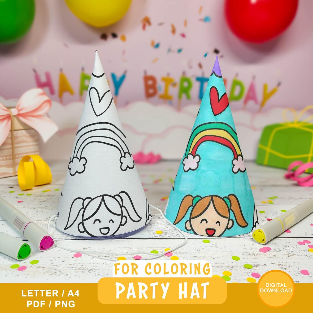 Coloring DIY Kids Party Hat, Printable Paper Hat for Coloring, Fun ...