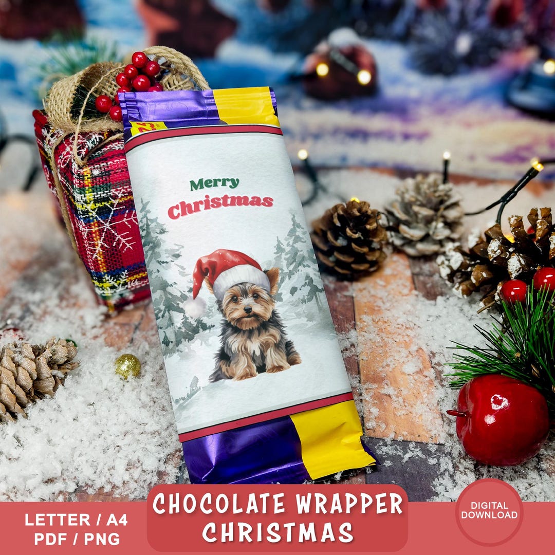 Printable Christmas Chocolate Wrapper, Yorkshire Terrier, Cute Xmas Dog ...