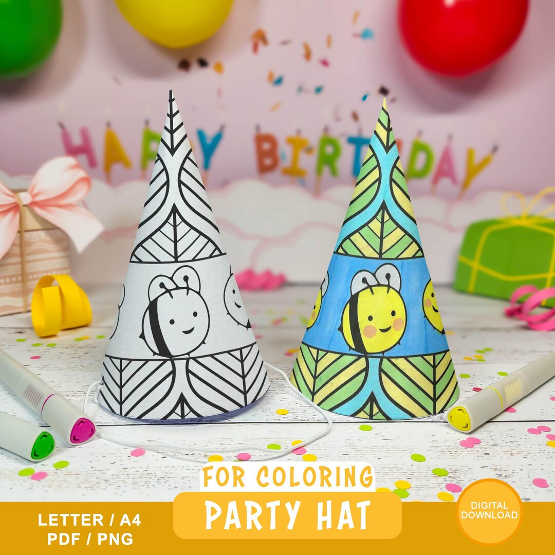 Coloring DIY Kids Party Hat, Printable Paper Hat for Coloring, Fun ...