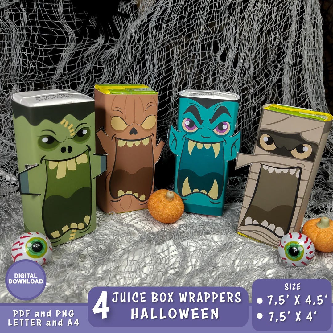 Halloween Juice Box Wrappers, Monsters, Juice Labels, Halloween Party ...