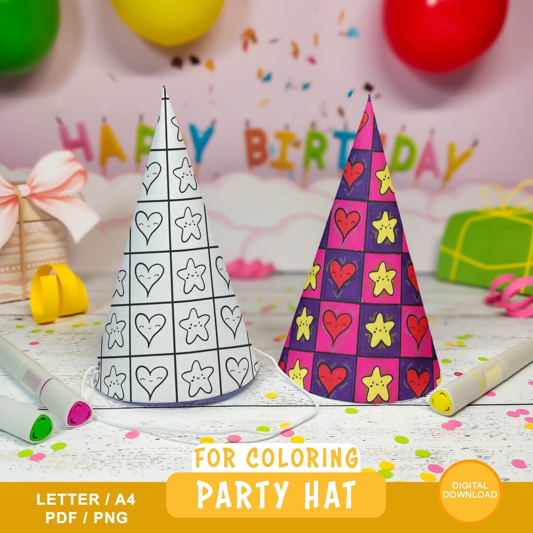 Coloring DIY Kids Party Hat, Printable Paper Hat for Coloring, Fun ...