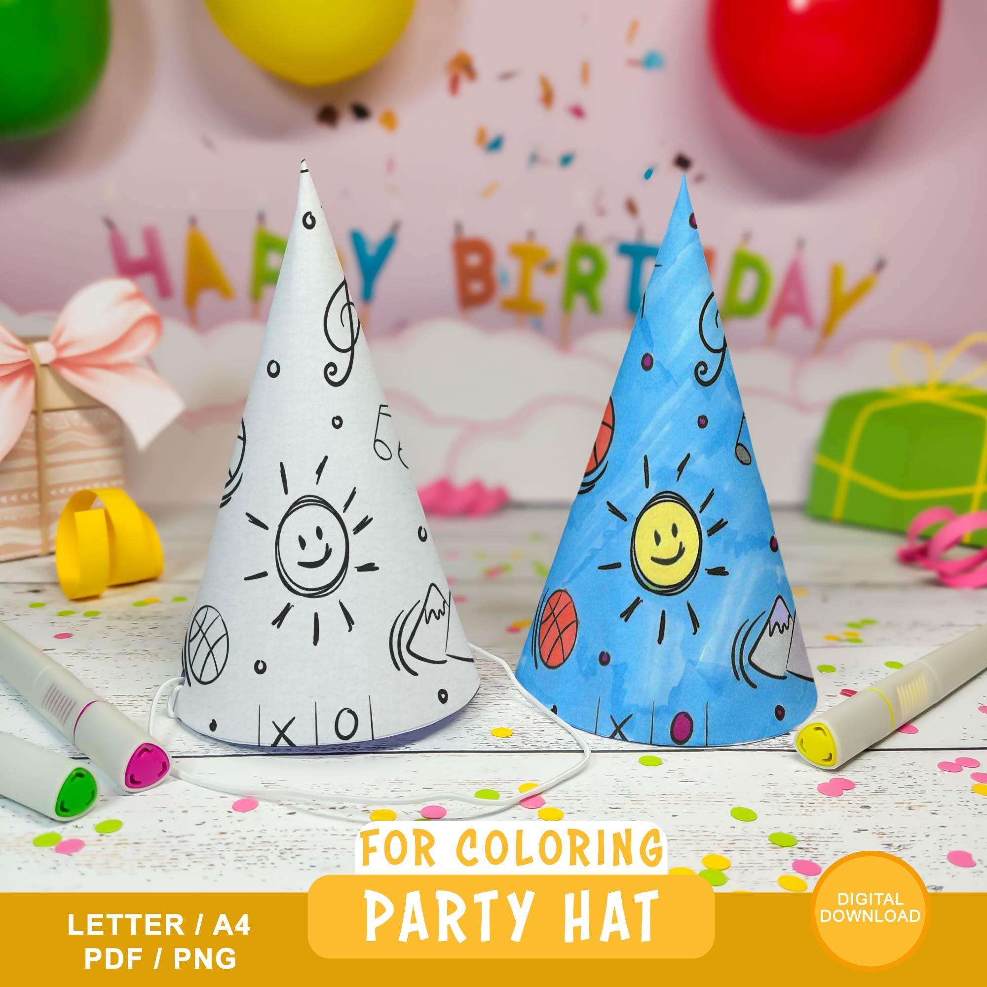 Coloring DIY Kids Party Hat, Printable Paper Hat for Coloring, Fun ...
