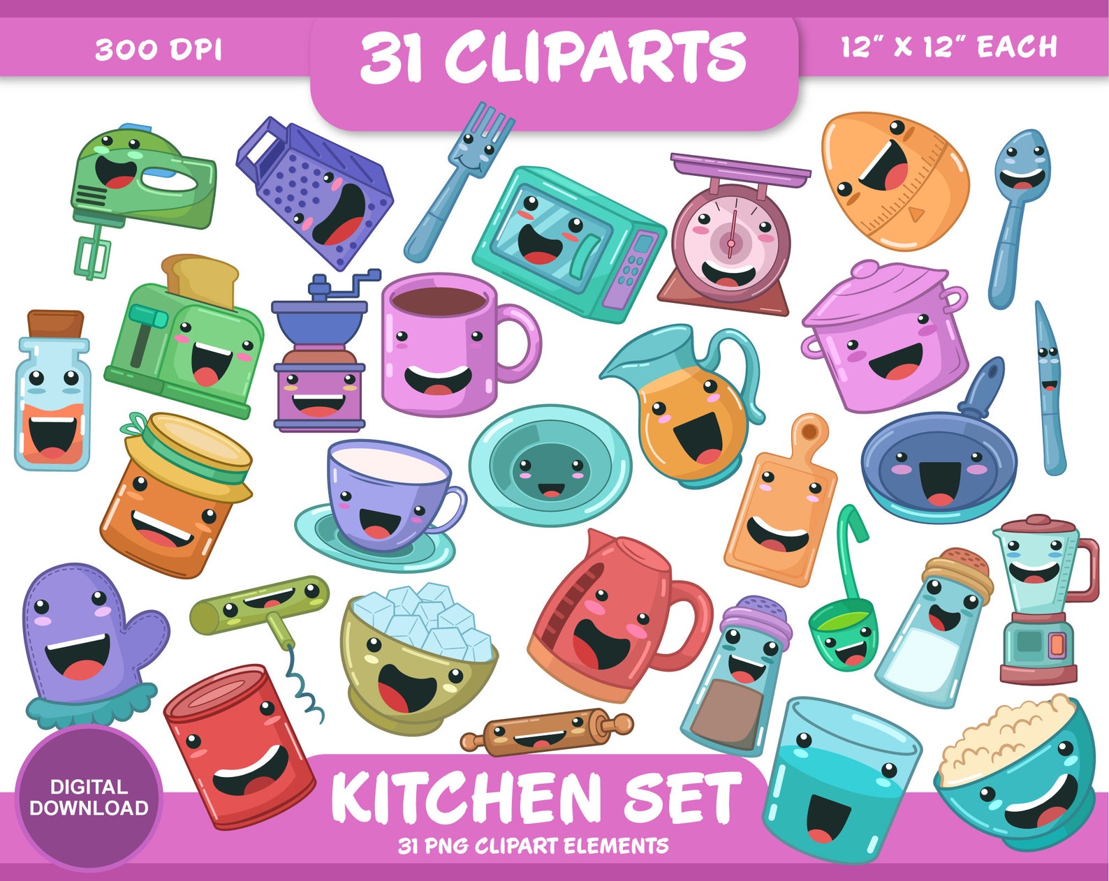 Kitchen Clipart Set, Kawaii Clipart, Cute Clipart, 31 PNG Cliparts ...