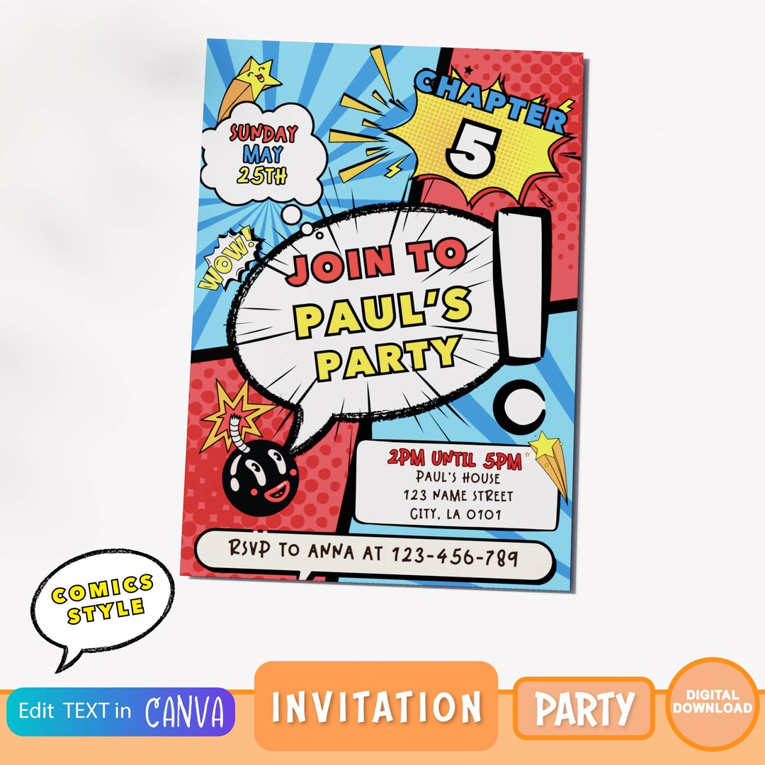 Birthday Party Invitation, Comic Style, Comic Party, Invitation ...