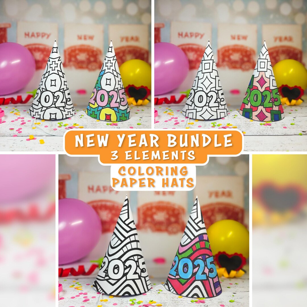 Bundle Coloring Kids New Year's Eve Party Hat Printable Craft for ...