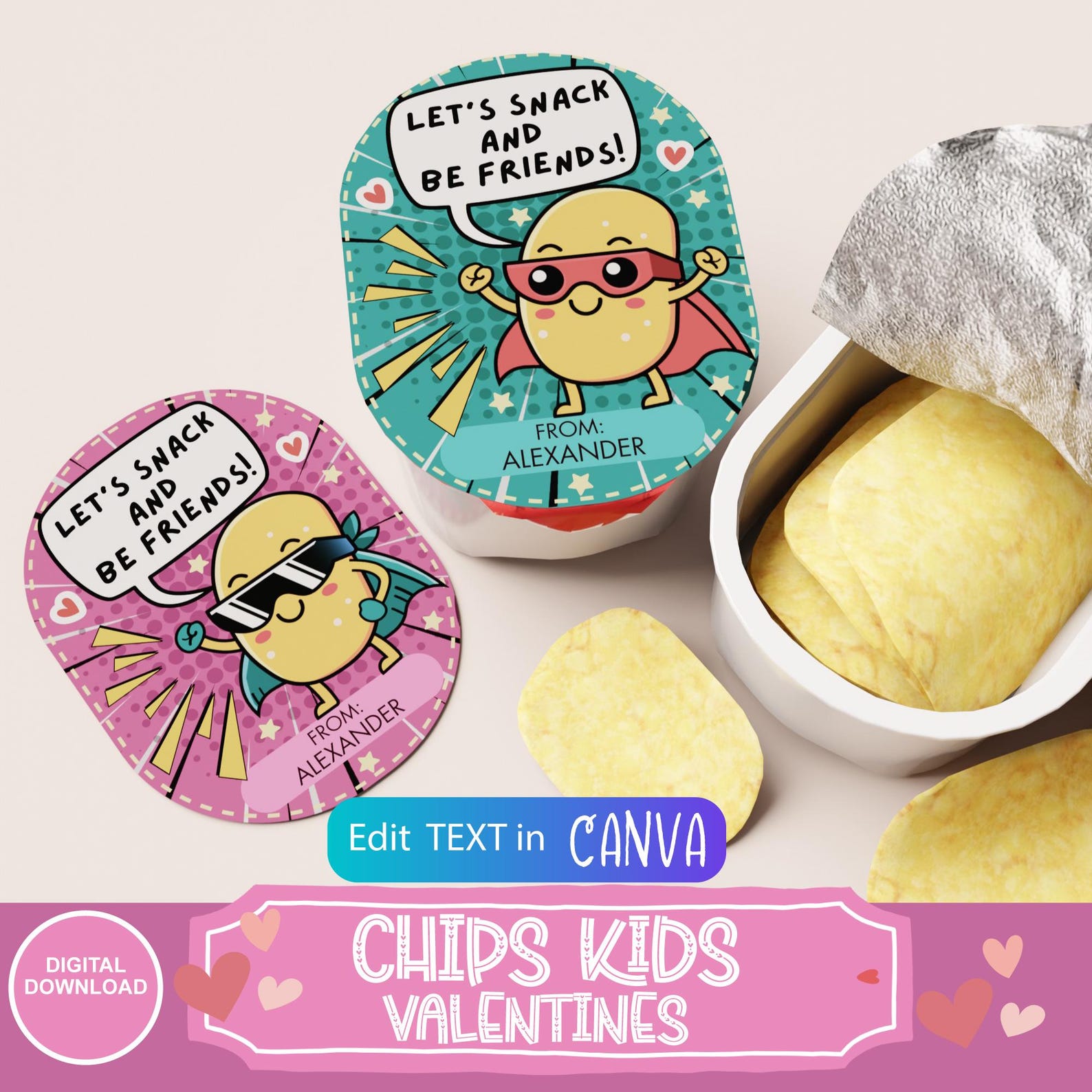 Printable Valentine Chip Snack Labels for Kids, Editable Pringles Tags ...