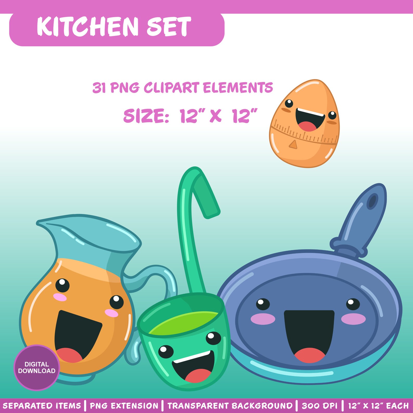 Kitchen Clipart Set, Kawaii Clipart, Cute Clipart, 31 PNG Cliparts ...