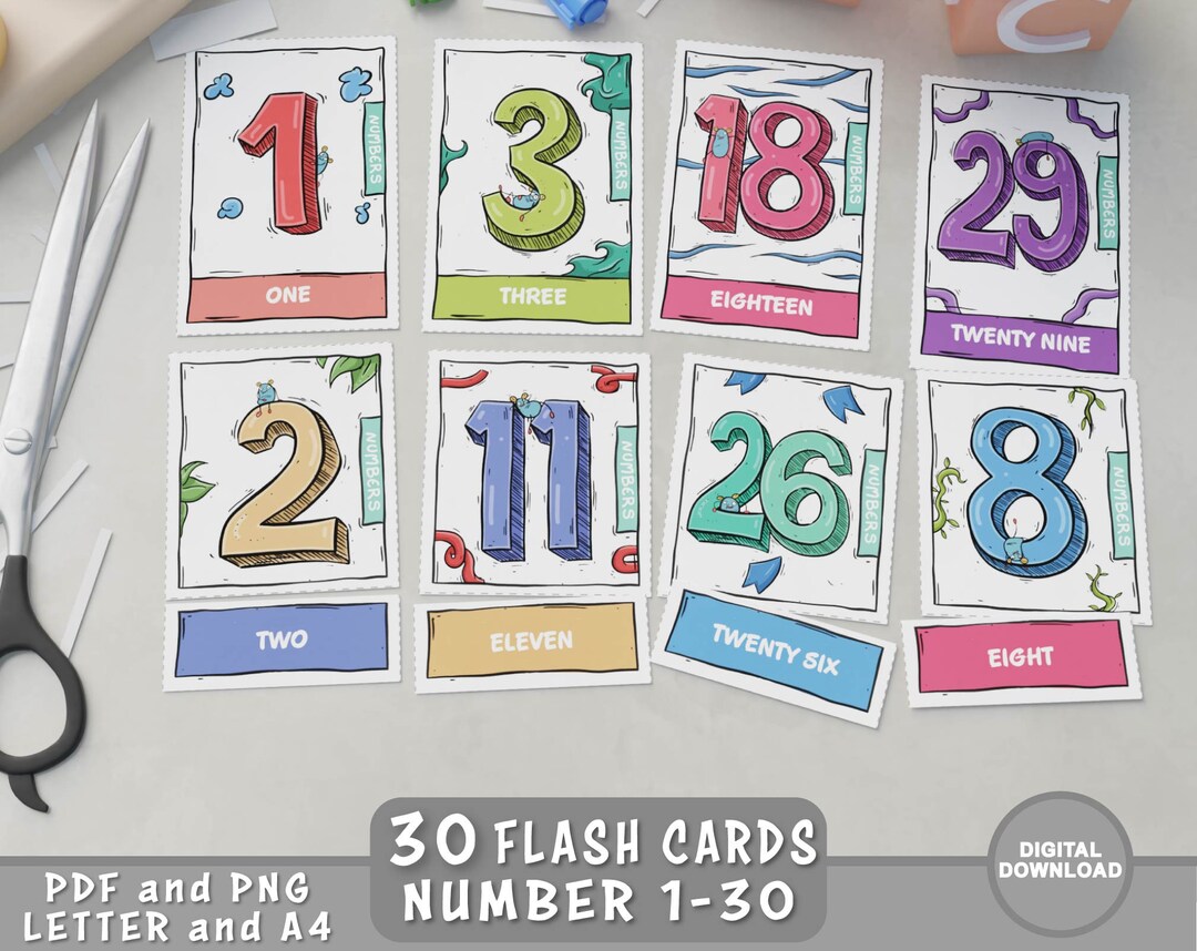 Printable Preschool Flashcards Numbers 1-30 Vibrant Colors Two Sets ...
