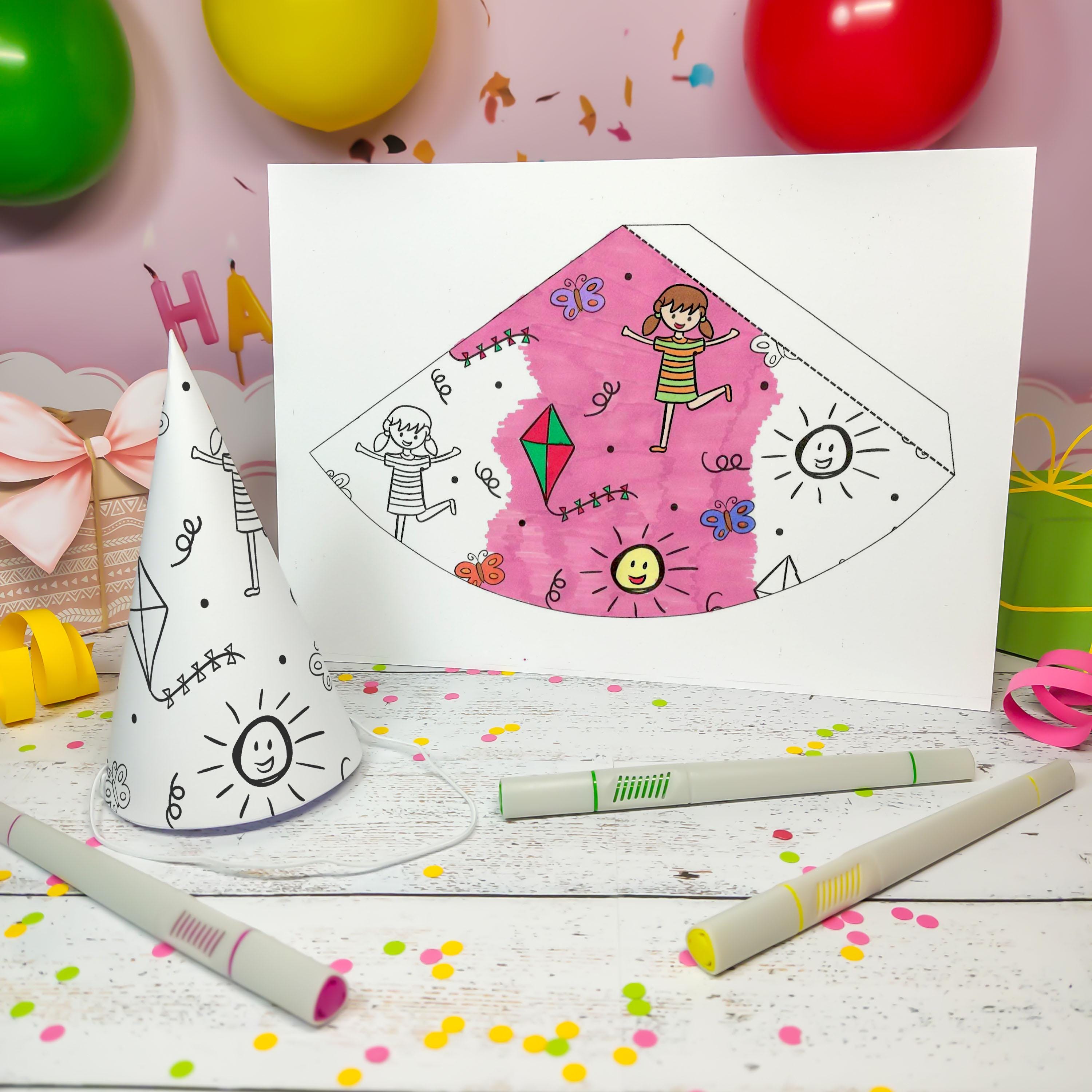 Coloring DIY Kids Party Hat, Printable Paper Hat for Coloring, Fun ...