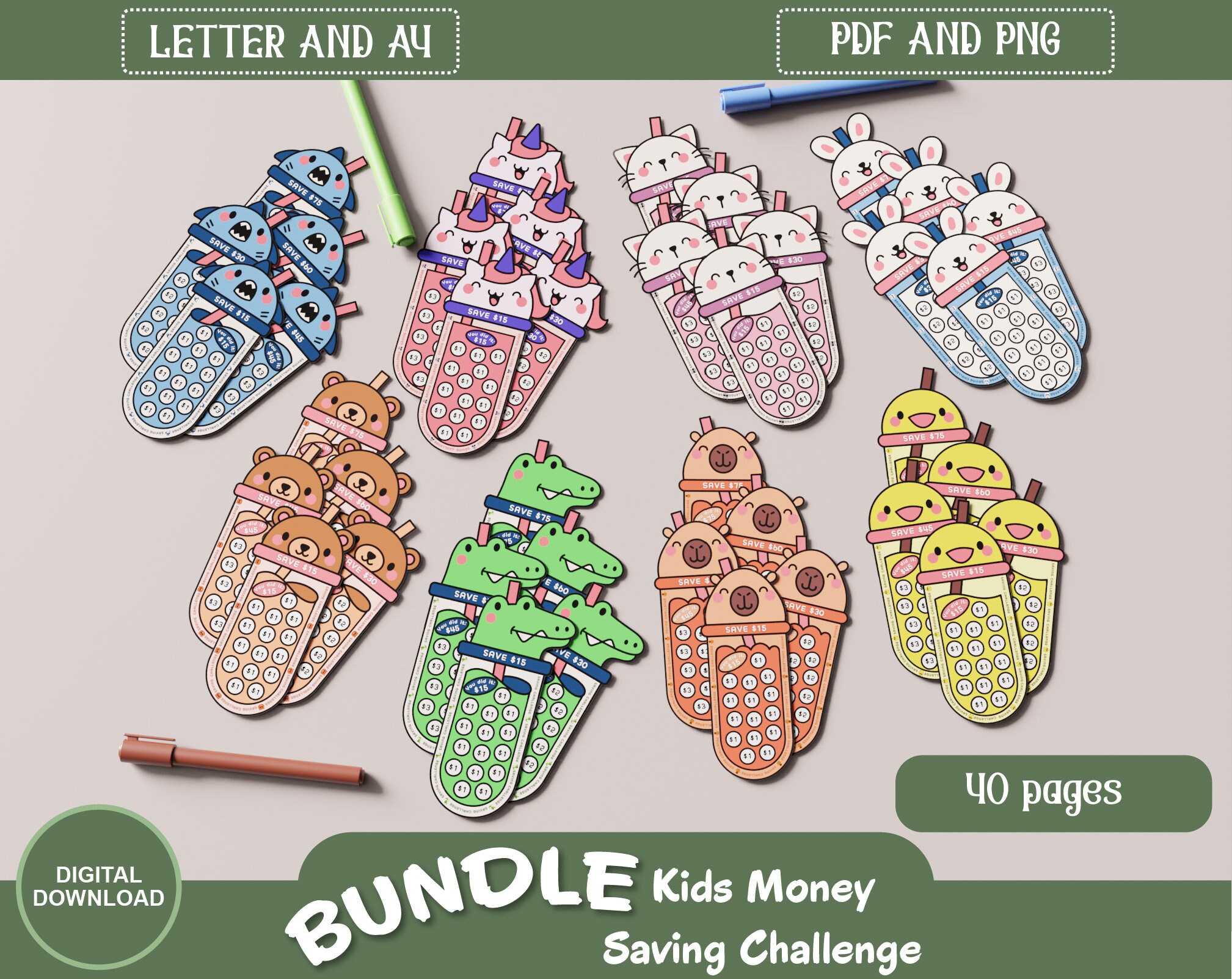 Bundle Kids' Money Saving Challenge Savings Tracker Printables, Fun ...