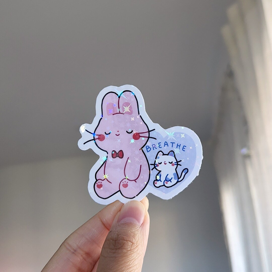 Bunny and Kitty "breathe" Sticker | Cute Holographic, Handmade Water ...