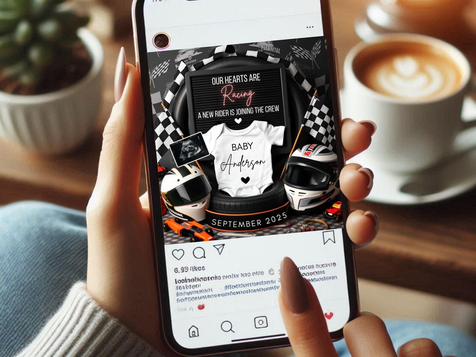 Digital Baby Boy Racing Car Pregnancy Announcement Dad Pregnancy Biker ...