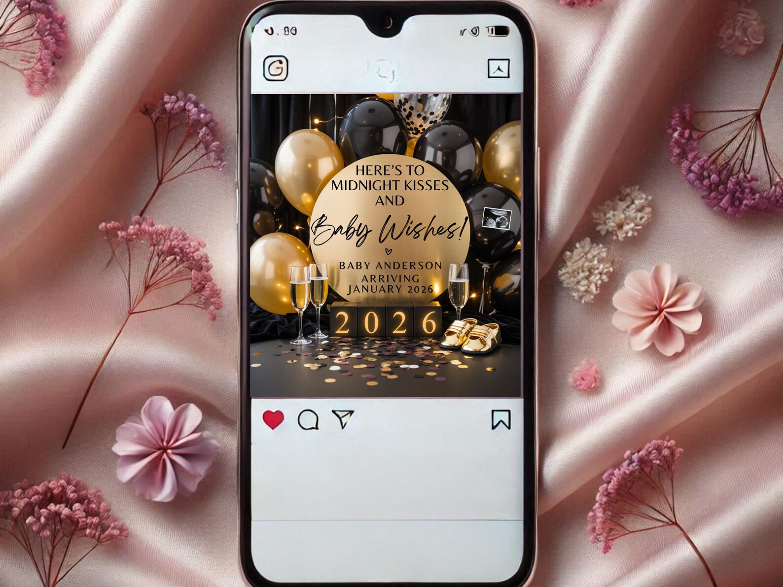 New Year's Eve Pregnancy Announcement: 2026 Editable Canva Template ...
