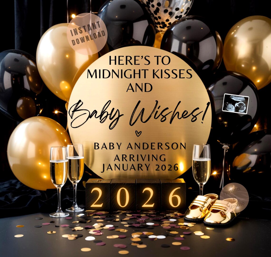 New Year's Eve Pregnancy Announcement: 2026 Editable Canva Template ...