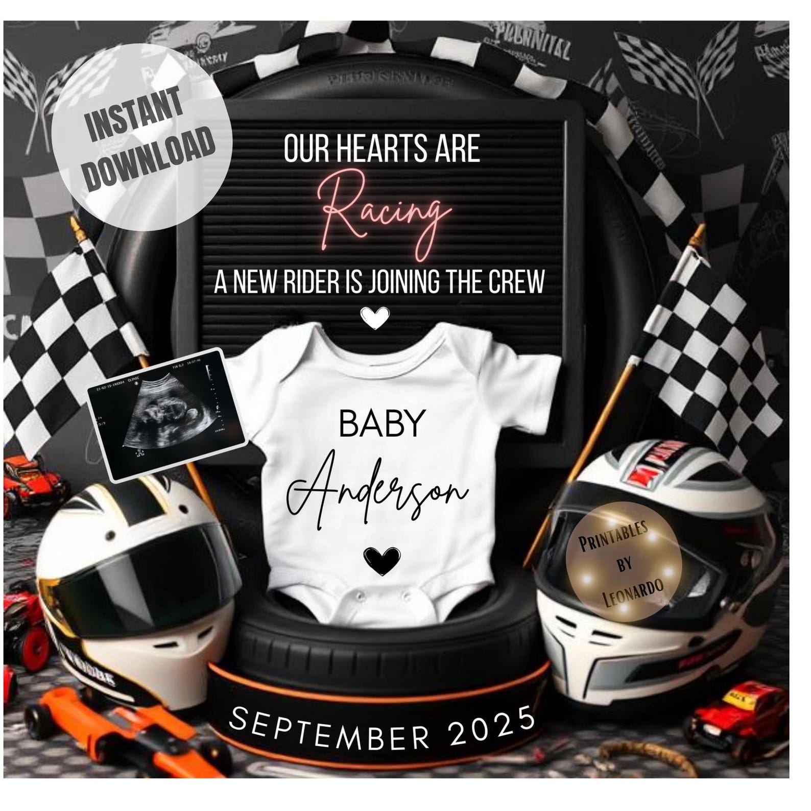 Digital Baby Boy Racing Car Pregnancy Announcement Dad Pregnancy Biker ...