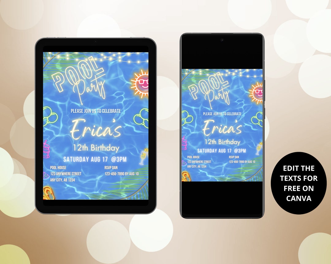 Pool Party Text Invitation,neon Summer Evite Birthday iPhone Invitation ...