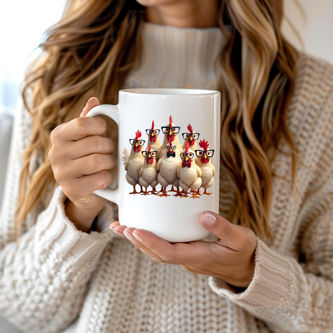 Funny Chicken Coffee Cup, Cute White Chickens With Glasses, Farm Animal ...