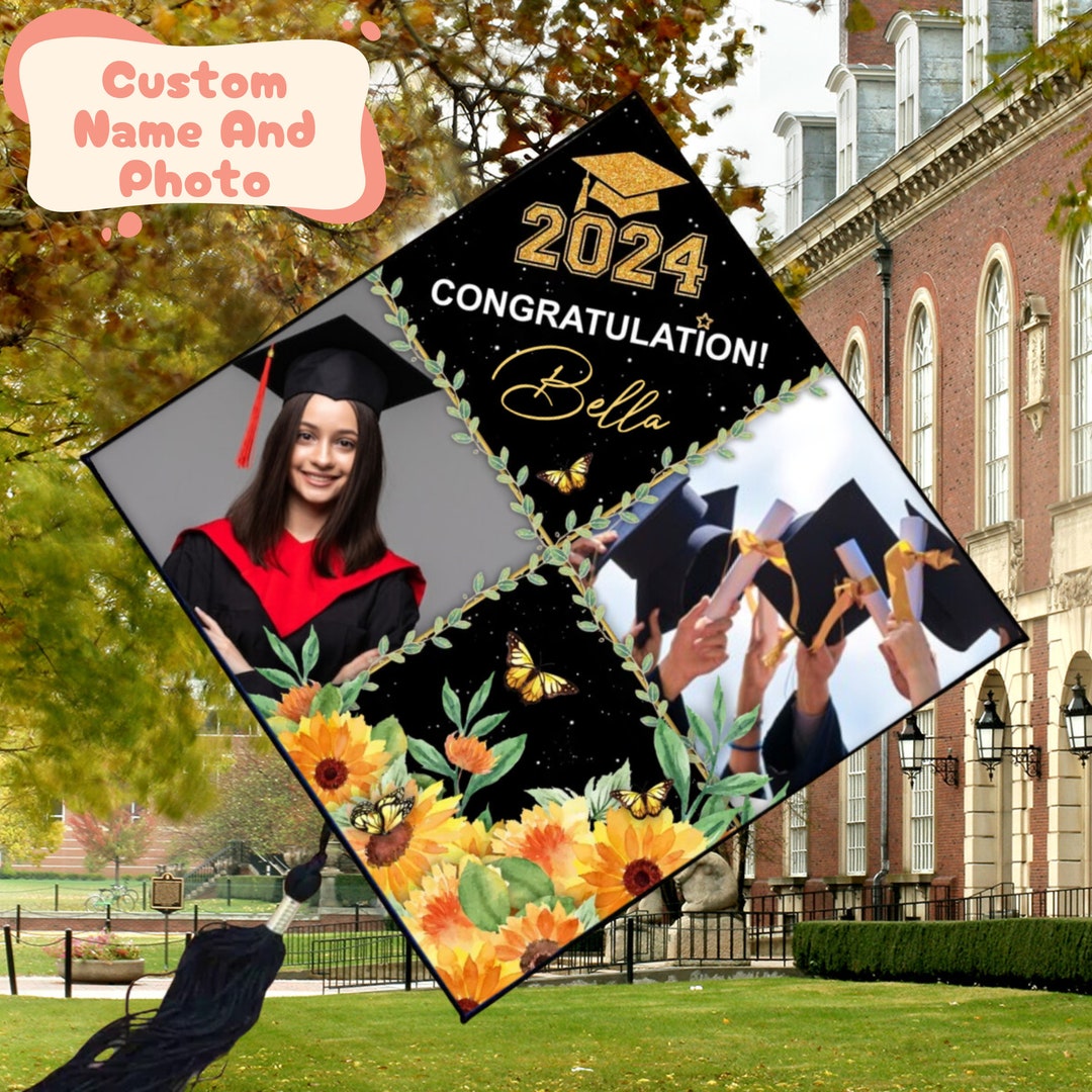 Personalized 2 Photos Floral Class of 2024 Photo Graduation Cap, Gift ...