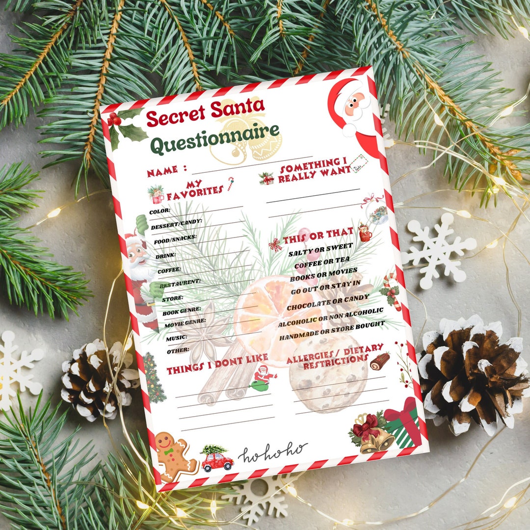 Cuestionario de Secret Santa imprimible, preguntas de Secret Santa ...