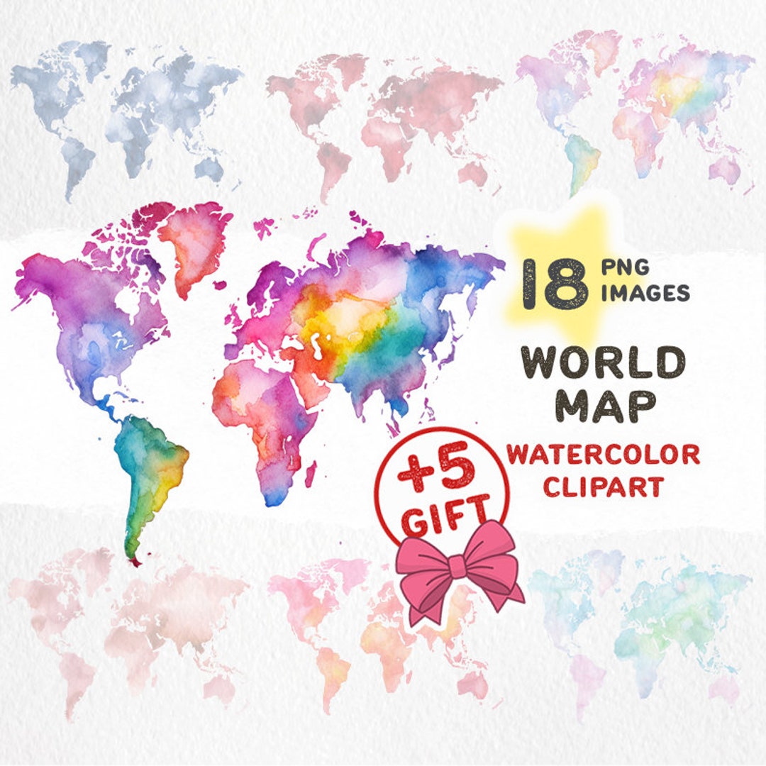 Watercolor World Map Clipart Set - 18 PNG Images - Bonus 5 Popular Pngs ...