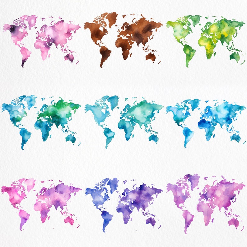 Watercolor World Map Clipart Set 18 PNG Images Bonus 5 - Etsy UK