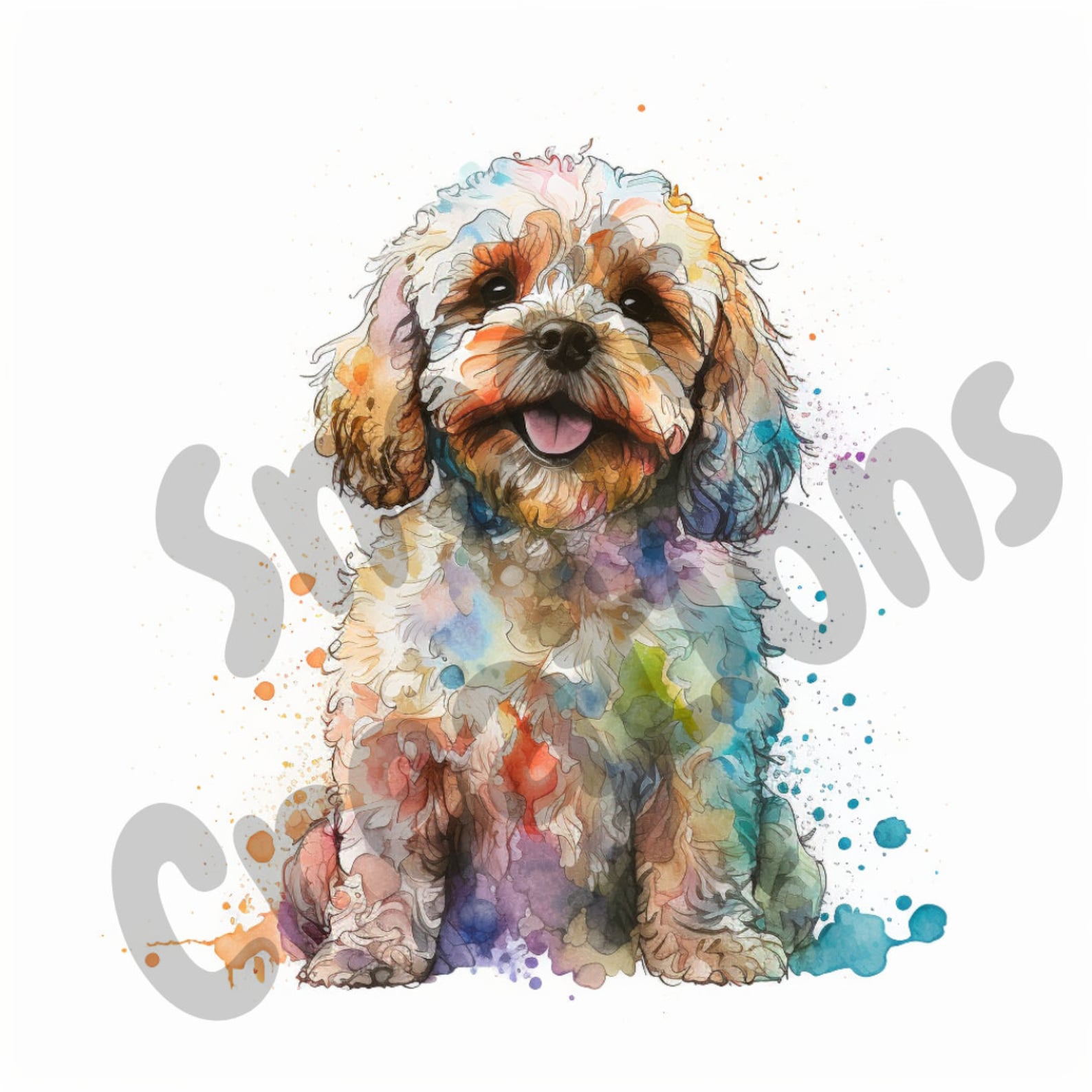 Happy Cavoodle Watercolor Line Drawing Clipart Cavapoo Dog PNG JPEG ...