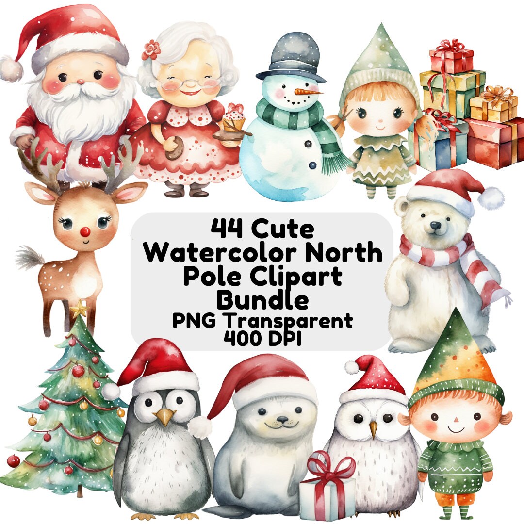 Cute Watercolor North Pole Clipart Bundle Christmas Decor Holiday ...