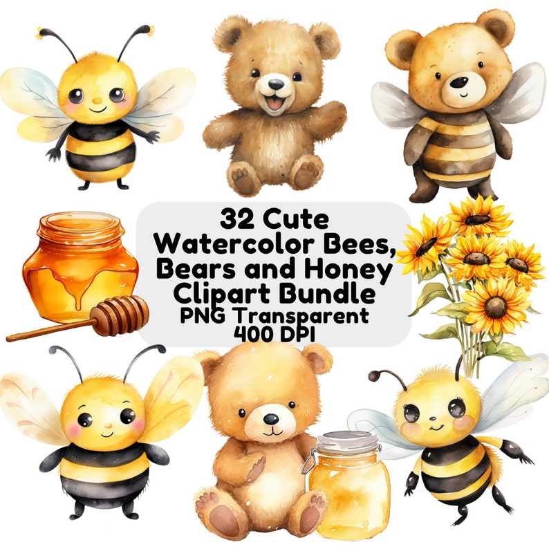 Cute Watercolor Bees Bears Honey Clipart Nursery Decor Honey Bee Png ...