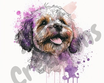 Happy Cavoodle Watercolor Line Drawing Clipart Cavapoo Dog PNG JPEG ...