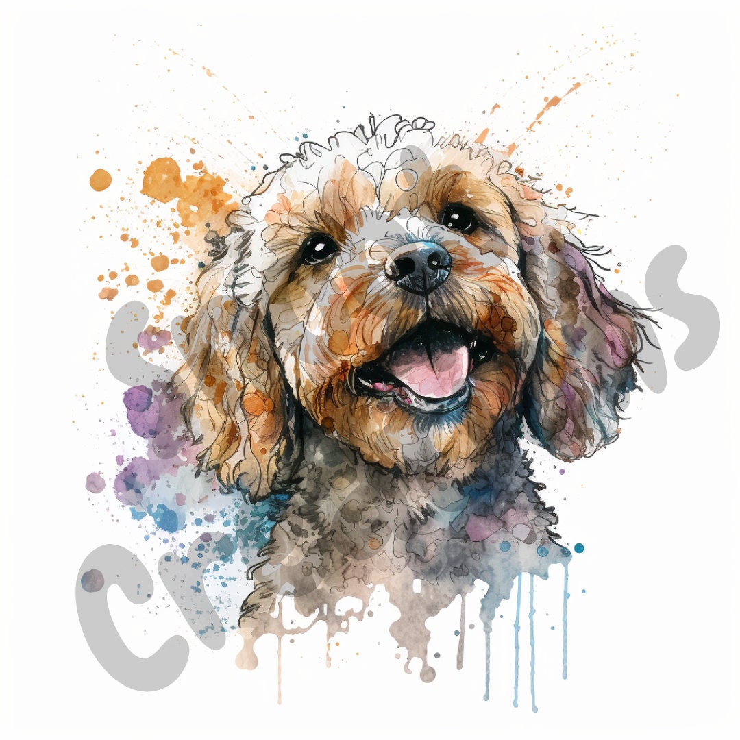 Happy Cavoodle Watercolor Line Drawing Clipart Cavapoo Dog PNG JPEG ...