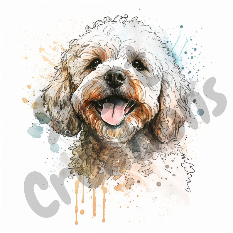 Happy Cavoodle Watercolor Line Drawing Clipart Cavapoo Dog PNG JPEG ...