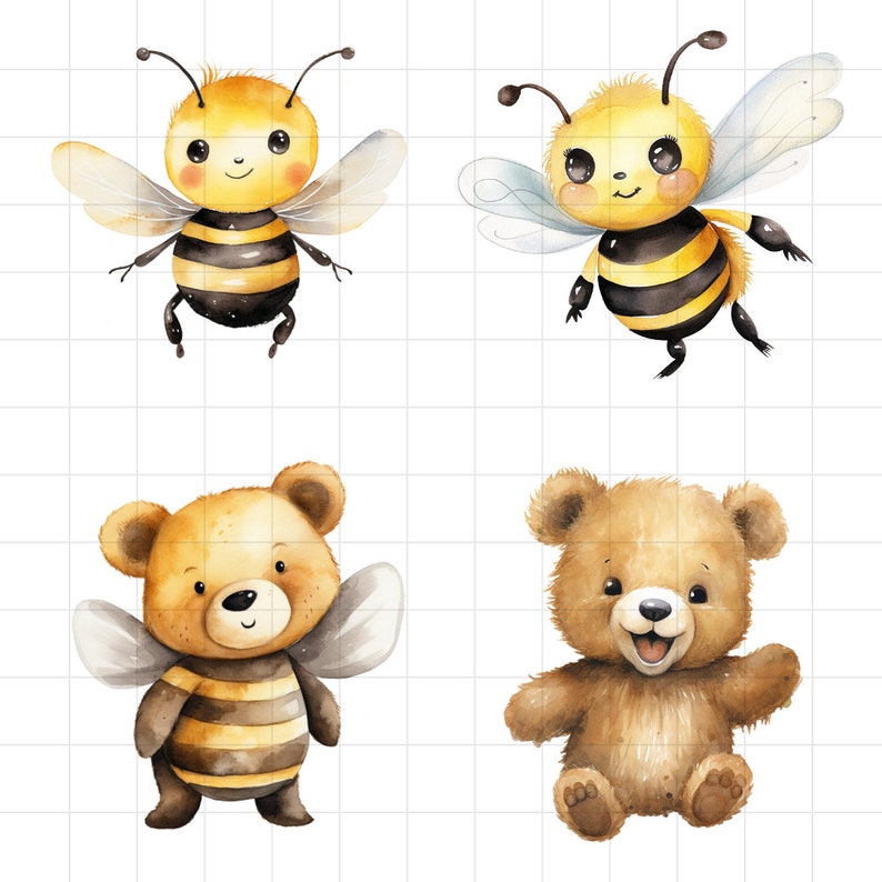 Cute Watercolor Bees Bears Honey Clipart Nursery Decor Honey Bee Png ...