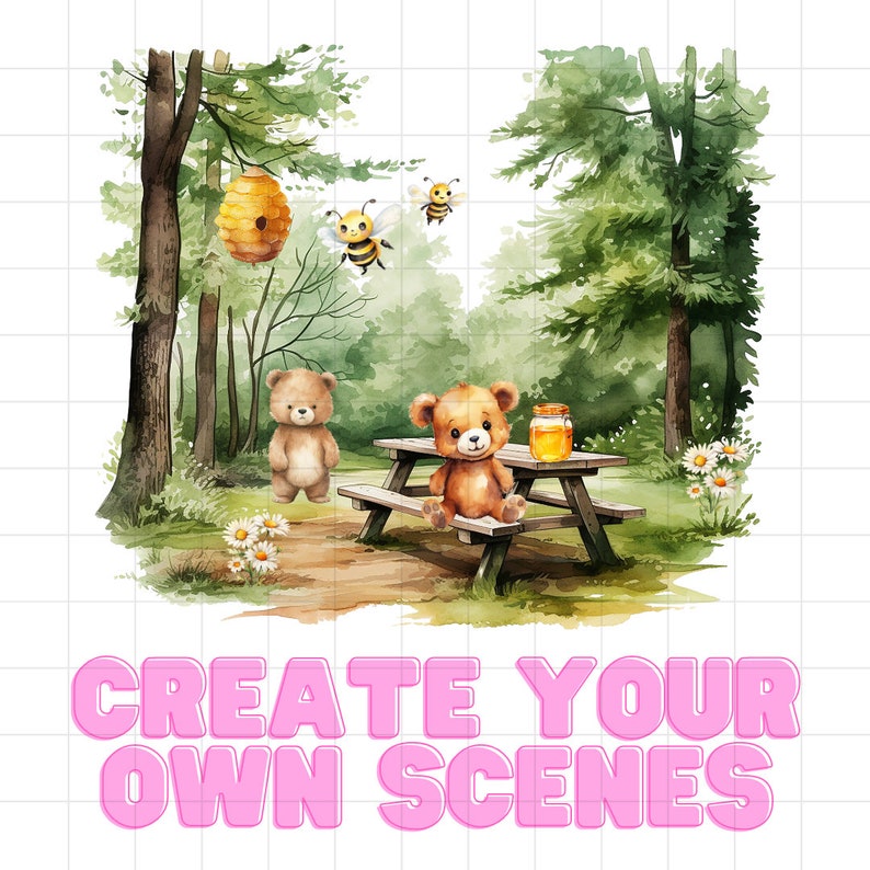 Cute Watercolor Bees Bears Honey Clipart Nursery Decor Honey Bee Png ...