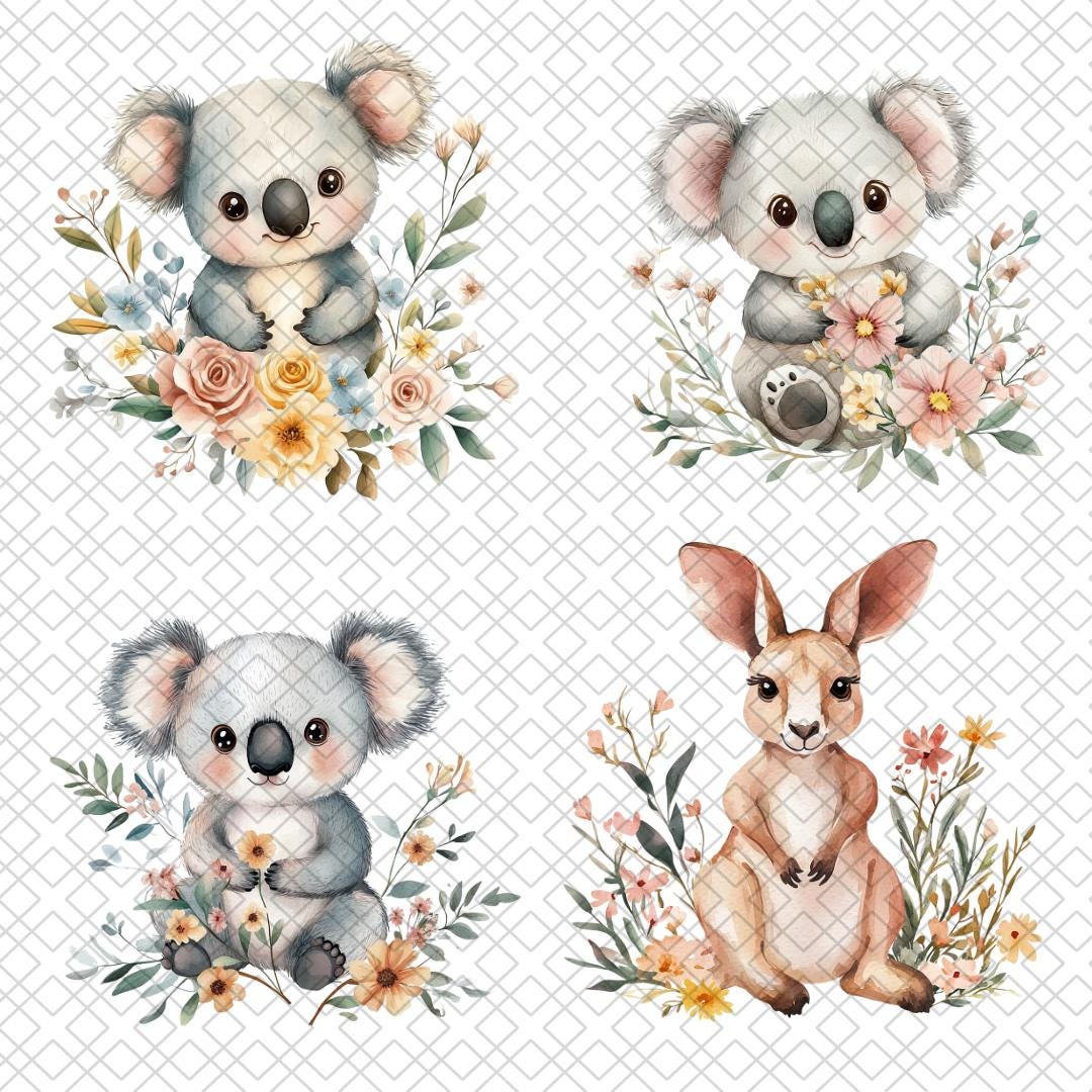 Watercolour Australian Animals Clipart, Flowers, Koala, Kangaroo ...