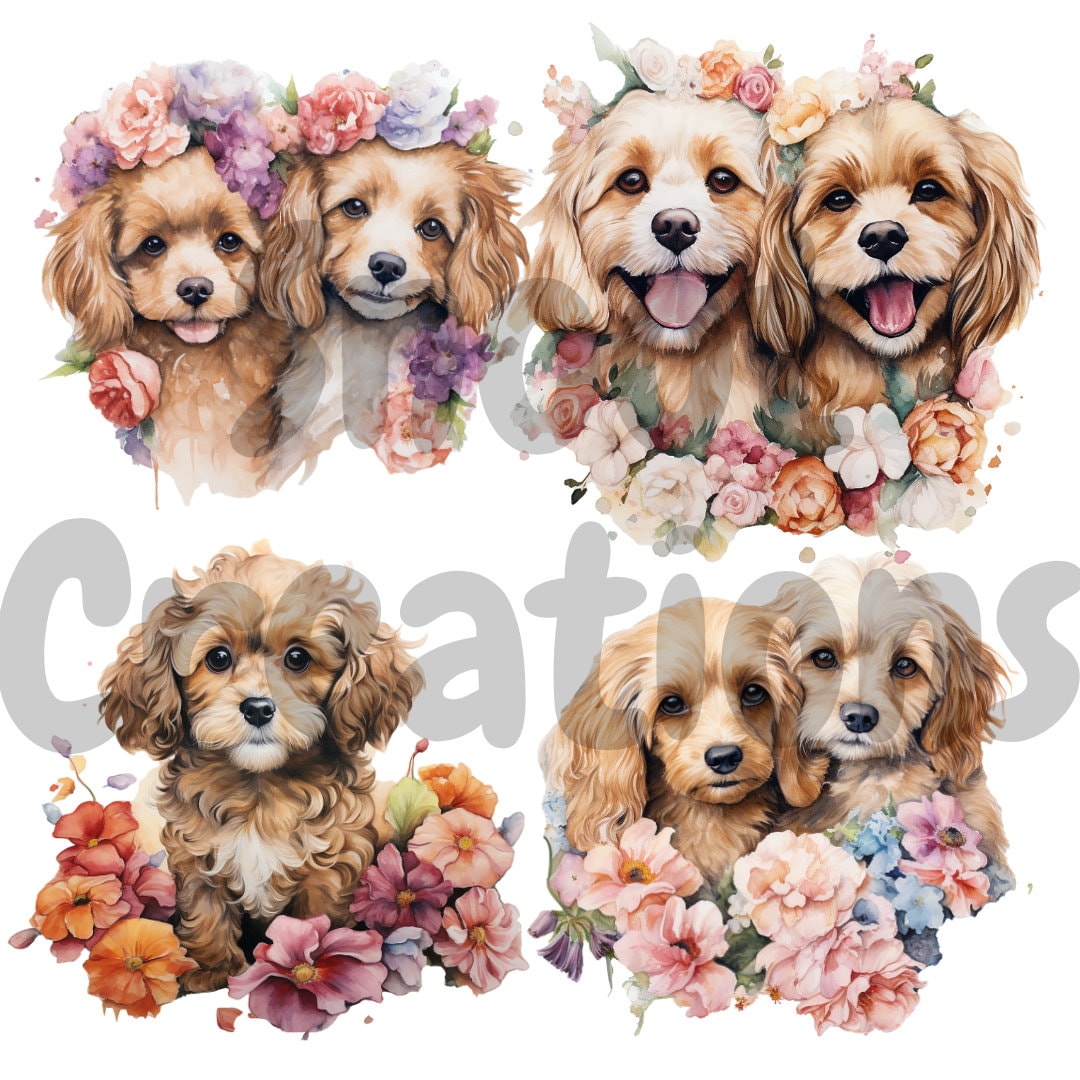 Watercolor Cavoodle With Flowers Clipart Cavapoo Dog PNG Transparent Puppy Cute Cavadoodle ...