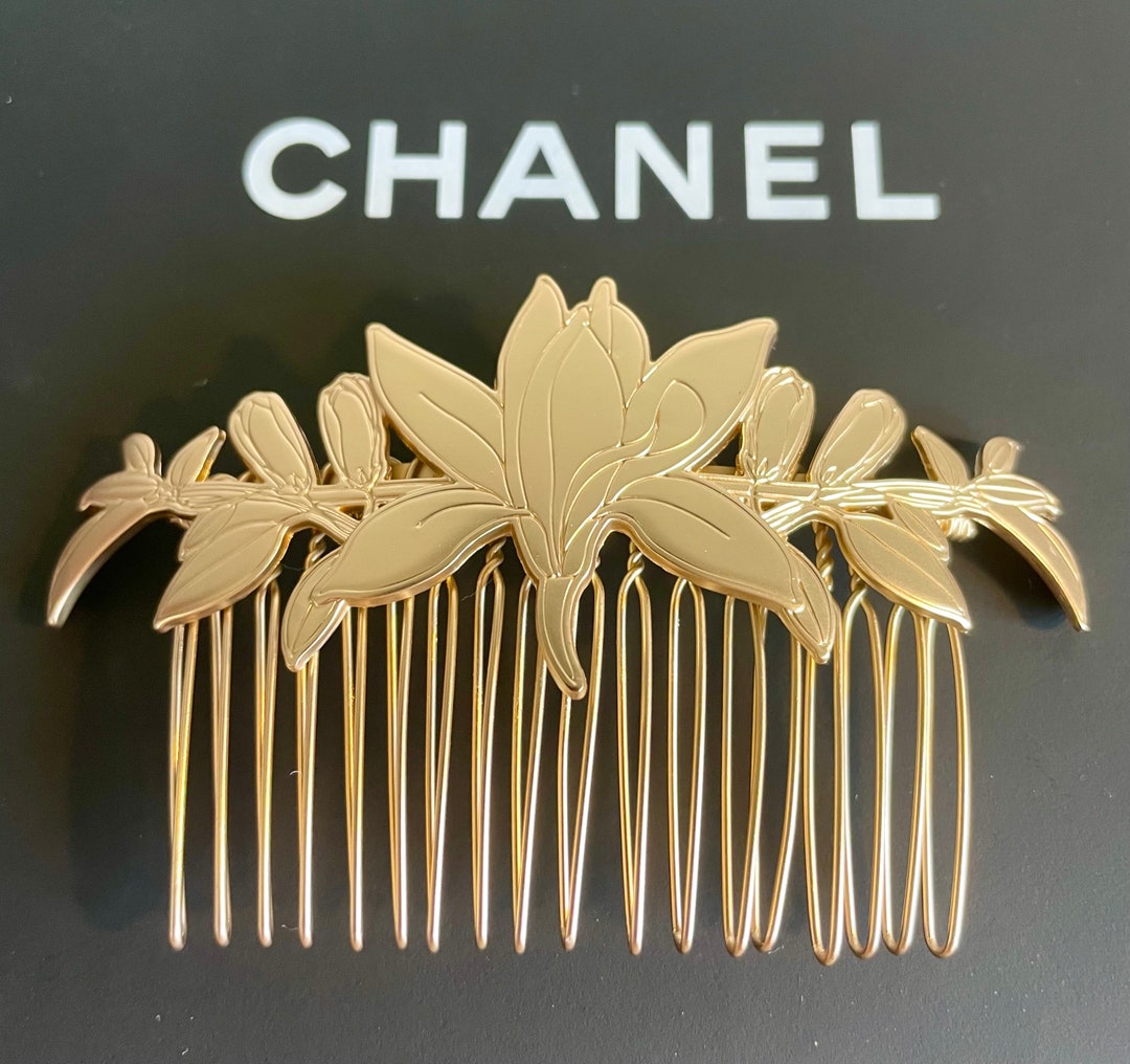 Authentic Chanel Hair Comb, Decorative Comb, Gold Metal Magnolia, VIP ...