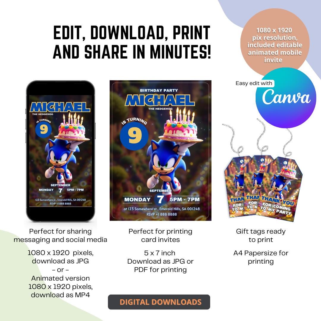 Editable Sonic-themed Birthday Invitation, Party Invite – Printable ...
